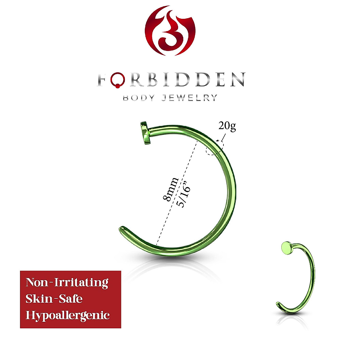 Forbidden Body Jewelry 20 g Surgical Steel IP Plated Nose Hoop Ring for Women or Men (8mm/Green)