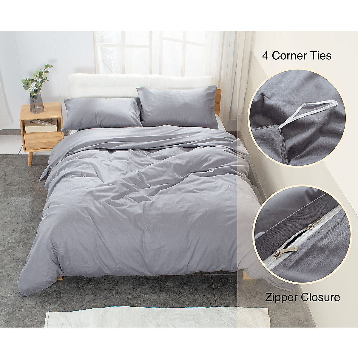 Discshi Bedding Duvet Cover Set 100% Cotton Full Size Breathable Durable Soft Comfy 3 PCS Comforter Cover Set with 1 Duvet Cover(86"x86") and 2 Pillow Covers(20"x30") (Grey)