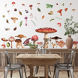 Glenmal 72 Pcs Watercolor Mushroom Wall Decals Giant Mushroom Decal Walls Peel and Stick Removable Mushroom Wall Decor Wallpaper Vinyl Wall Sticker for Bedroom Furniture(Retro Style)