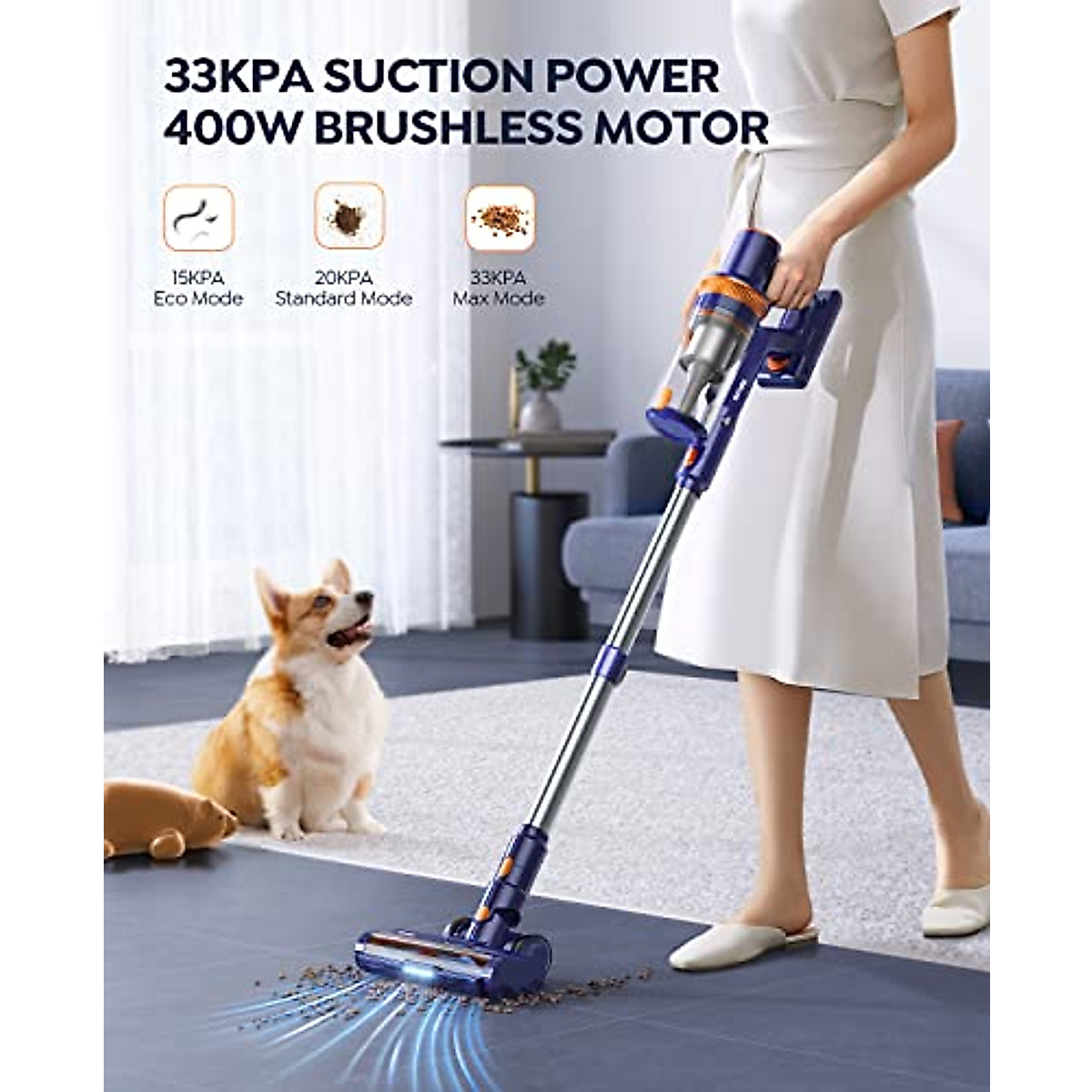 BuTure Cordless Vacuum Cleaner, 33Kpa 400W with Brushless Motor Headlights Stick Vacuum Handheld Wireless Household Vacuum Cleaner for Pet Hair Carpet and Hard Floor