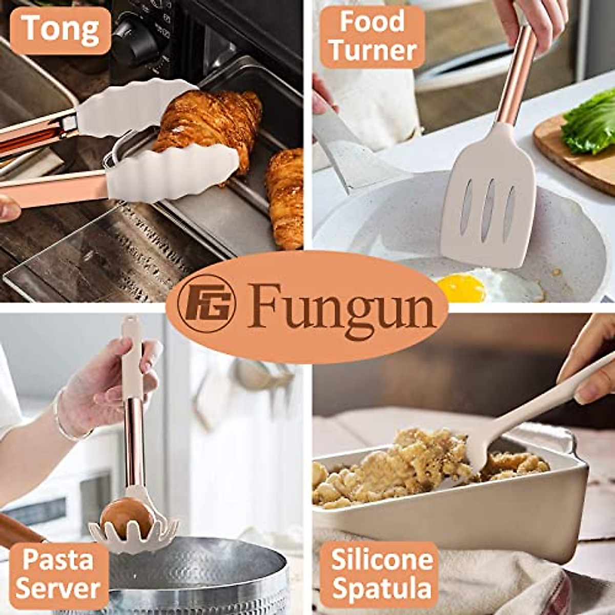 Silicone Cooking Utensil Set, Fungun Kitchen Utensils Set with Copper Handle 24 Pcs Kitchen Gadgets Tools Set, Non-stick Heat Resistant Kitchen Spatulas Set - Khaki…