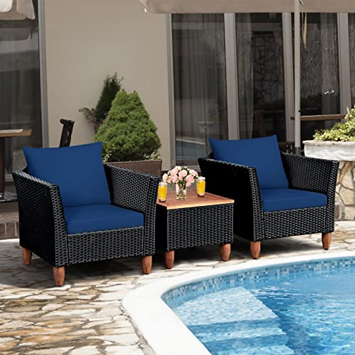 Tangkula 3 Piece Patio Furniture Set, Patiojoy Outdoor Wicker Rattan Bistro Sofa Set w/Washable Cushion, Acacia Wood Top Coffee Table, Conversation Set for Balcony Backyard Porch (Blue)