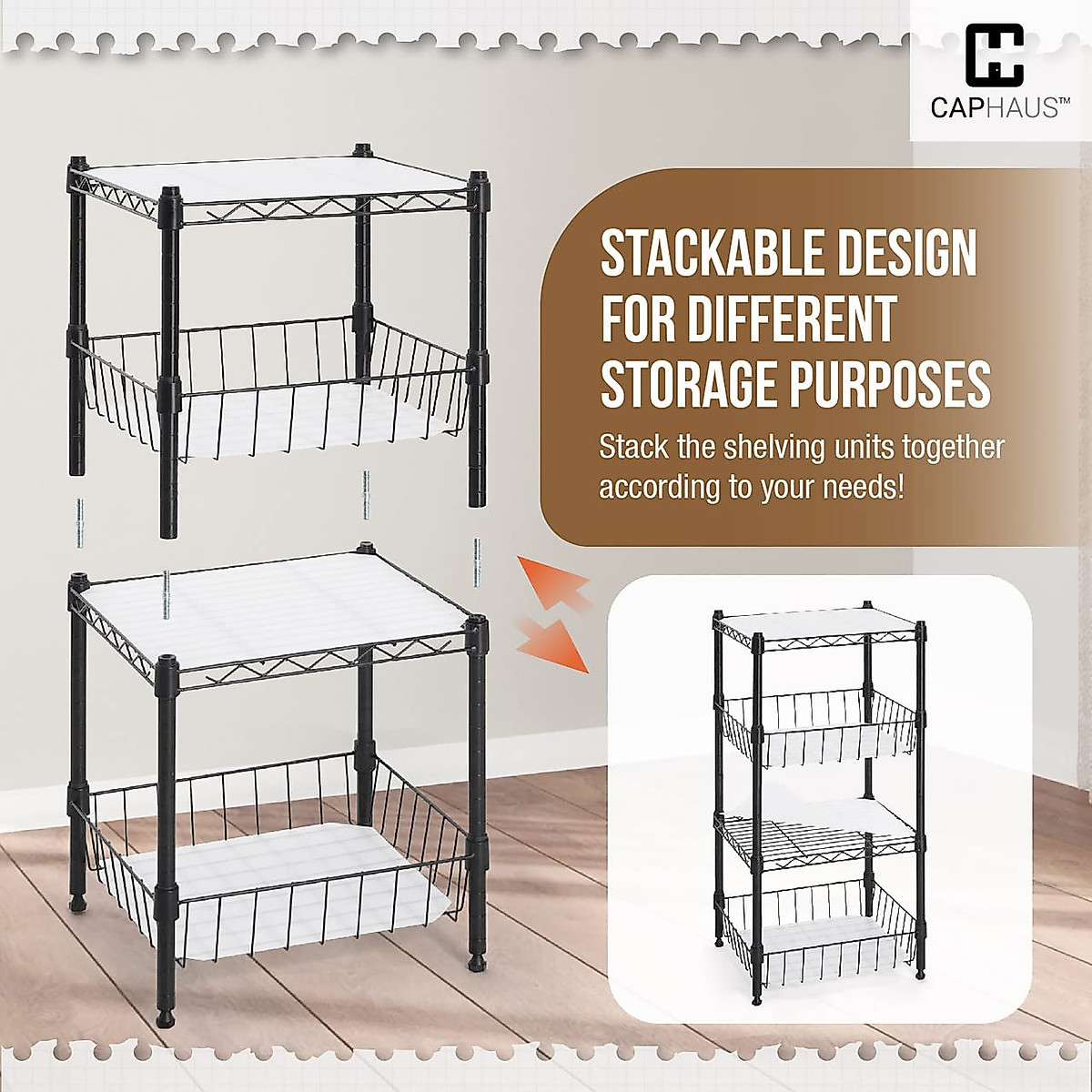 Fencer Wire NSF 2 to 4 Tier Stackable Wire Shelving Unit w/Baskets & Liner, Storage Rack Kitchen, Bathroom, Laundry Closet, Wire Shelving Basket Shelves, Storage Rack Corner Shelves, Black