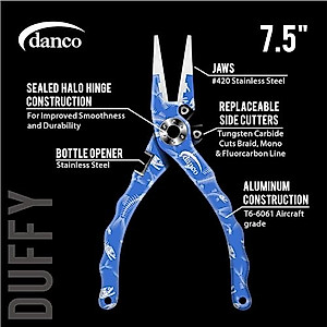 danco duffy 7.5-inch Fishing Pliers with Replaceable Line Cutters, Aircraft Grade Aluminum Fishing Gear, Saltwater Resistant Fishing Tools, Rubberized Paint Coating (Blue Fish Skeleton)