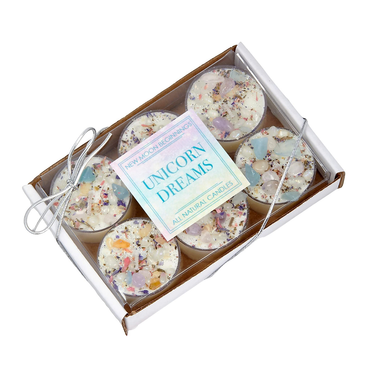 Unicorn Candle by New Moon Beginnings - Dried Flower & Crystal Candles - Soy Candles - Glitter Unicorn Candle - Angel Aura Quartz, Aquamarine, Rose Quartz - (Set of 6 Tealights)