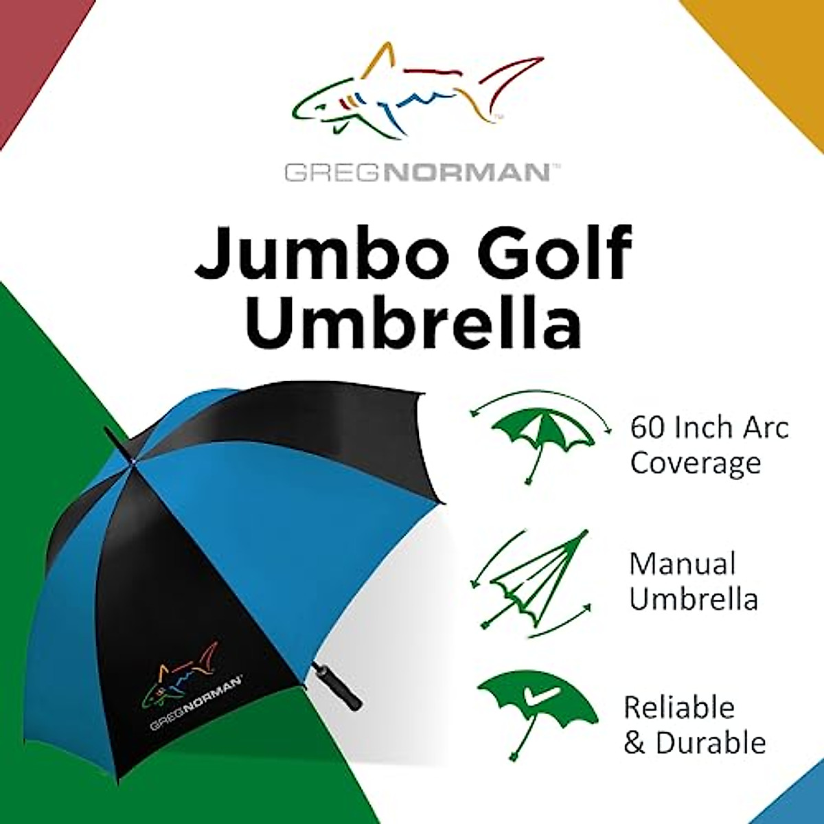 GREG NORMAN 60 Inch Golf Umbrella, Manual Compact, Fiberglass, Lightweight, and Wind Resistant Folding Umbrella for Travel and Rain, Black/Blue (MS30-GN-BLK/BLU)