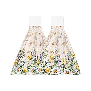 Flower Daisy Kitchen Hand Towel, Soft Hanging Dish Towels with Loop for Bathroom, Absorbent Drying Cleaning Cloth Dishclothes Decorative Sets, Vintage Yellow Lavender Eucalyptus Floral Plant 2-PC
