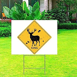 JuneLucky Caution Deer Xing Crossing Decorative Yard Sign with Metal H-Stakes Vintage Warning Sign Weatherproof Street Yard Sign for Outdoor Road Farm House Yard Lawn Decor Poster 18x24 Inch