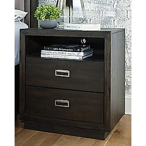 Signature Design by Ashley Hyndell Contemporary 2 Drawer Nightstand with Open Cubby Storage, 2 Electrical Outlets & 2 USB Charging Ports, Espresso Brown