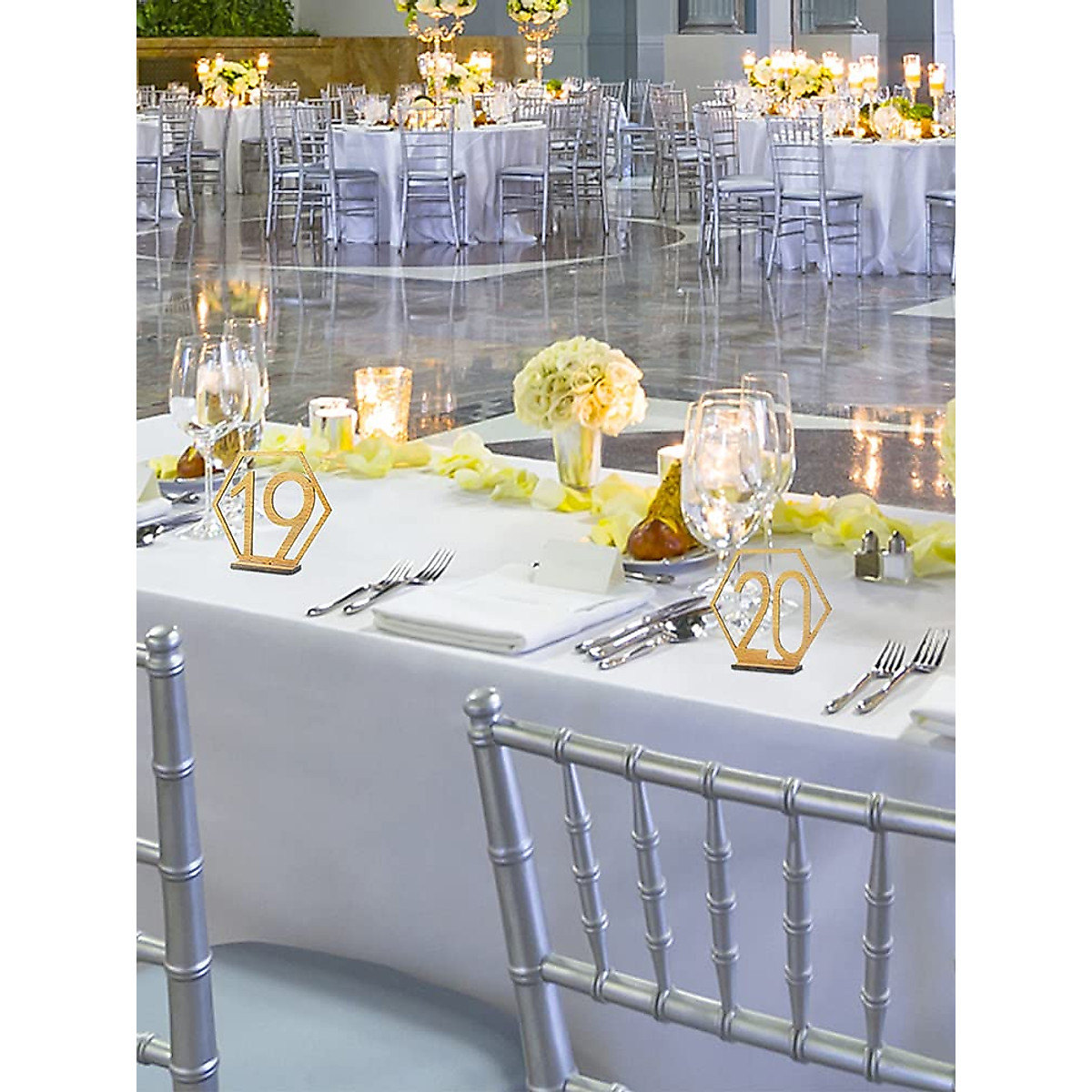 SUNFECILI 10 Pcs Wooden Table Numbers, Hexagon Hollow Out Table Number,Wedding Place Cards, Wood Numbers Place Cards with Holder Base Standing Wood Wedding Decorations, Gold(1-10)