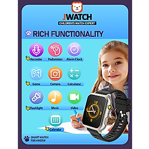Jwatch Kids Smart Watch for Boys Girls 6-12 with Pedometer Audio Book Camera Music Player Present Birthday Christmas (Silver Frame Black)…
