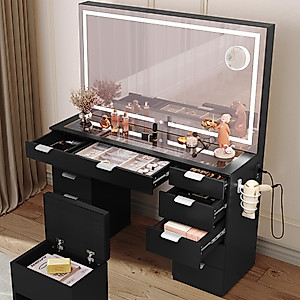 YITAHOME Vanity Desk Set with Large LED Lighted Mirror & Power Outlet, Glass Top Vanity with 11 Drawers and Magnifying Glass, 46'' Large Makeup Vanity with Storage Bench, Black Vanity for Bedroom