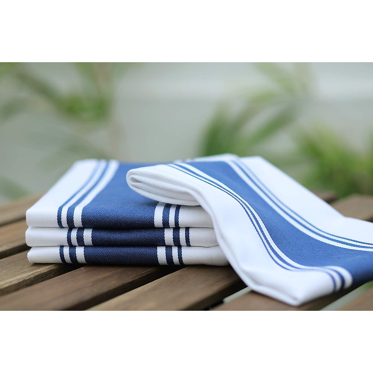 AMOUR INFINI Cotton Stripe Kitchen Towels Set of 4 Highly Absorbent, Super Soft, Quick Drying Dish Towels with Hanging Loop Oversized Washable Tea Towels (28x20 Inch - Blue)
