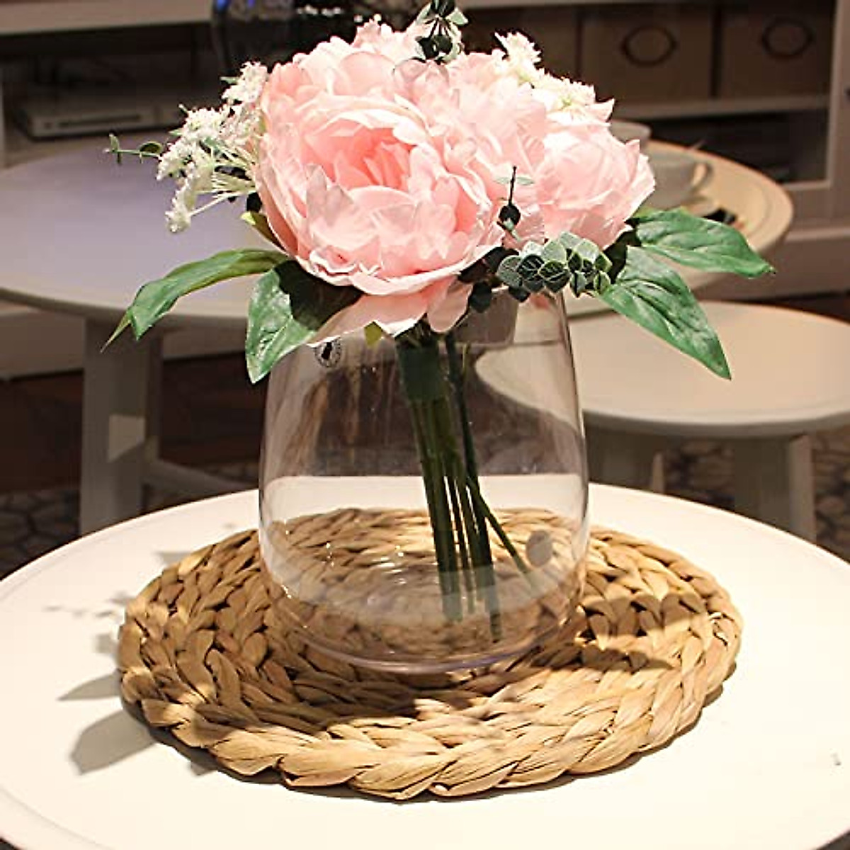 Casaphoria 4 Pack 11.8 inch Natural Hand-Woven Water Hyacinth Placemats,Large Round Braided Rattan Tablemats for Dining Table,Heat Resistant Non-Slip Weave Placemats Handmade