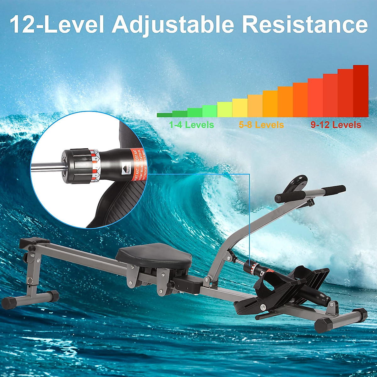 Koreyosh Hydraulic Rowing Machine for Home Use, Full Body Training Equipment with 12 Levels Adjustable Resistance, Foldable for Home Workout & Fitness, 260 Lbs Weight Capacity