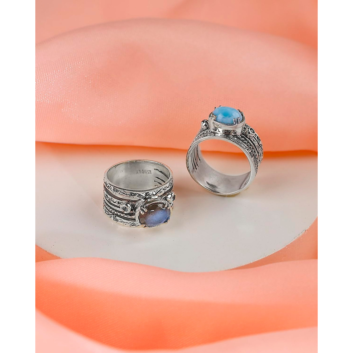 YoTreasure Larimar Swiss Blue Topaz 925 Sterling Silver Antique Three Stone Ring