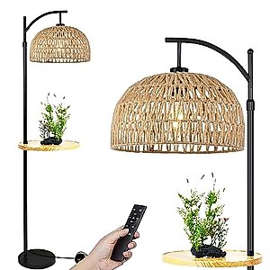 QIYIZM Floor Lamp for Living Room Bedroom with Table Shelves,Rattan Boho Arc Floor Lamps with Remote Dimmable Farmhouse Wood Shelf Attached Standing Lamp Wicker Bamboo Tall Lamp Floor Light Bohemian