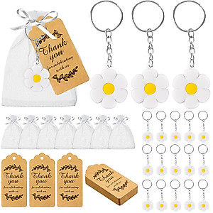 24 Sets Daisy Party Favors, Daisy Keychain, Organza Bags Thank Kraft Tags White and Yellow Flower Keychain Daisy Themed Party Supplies for Birthday Bridal Wedding Baby Shower Return Gifts