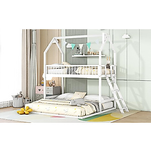 HABUHOME Twin Over Twin House Bunk Bed with Extending Trundle and Ladder, Wooden Bunk Bed Frame for Kids Teens Girls Boys - White