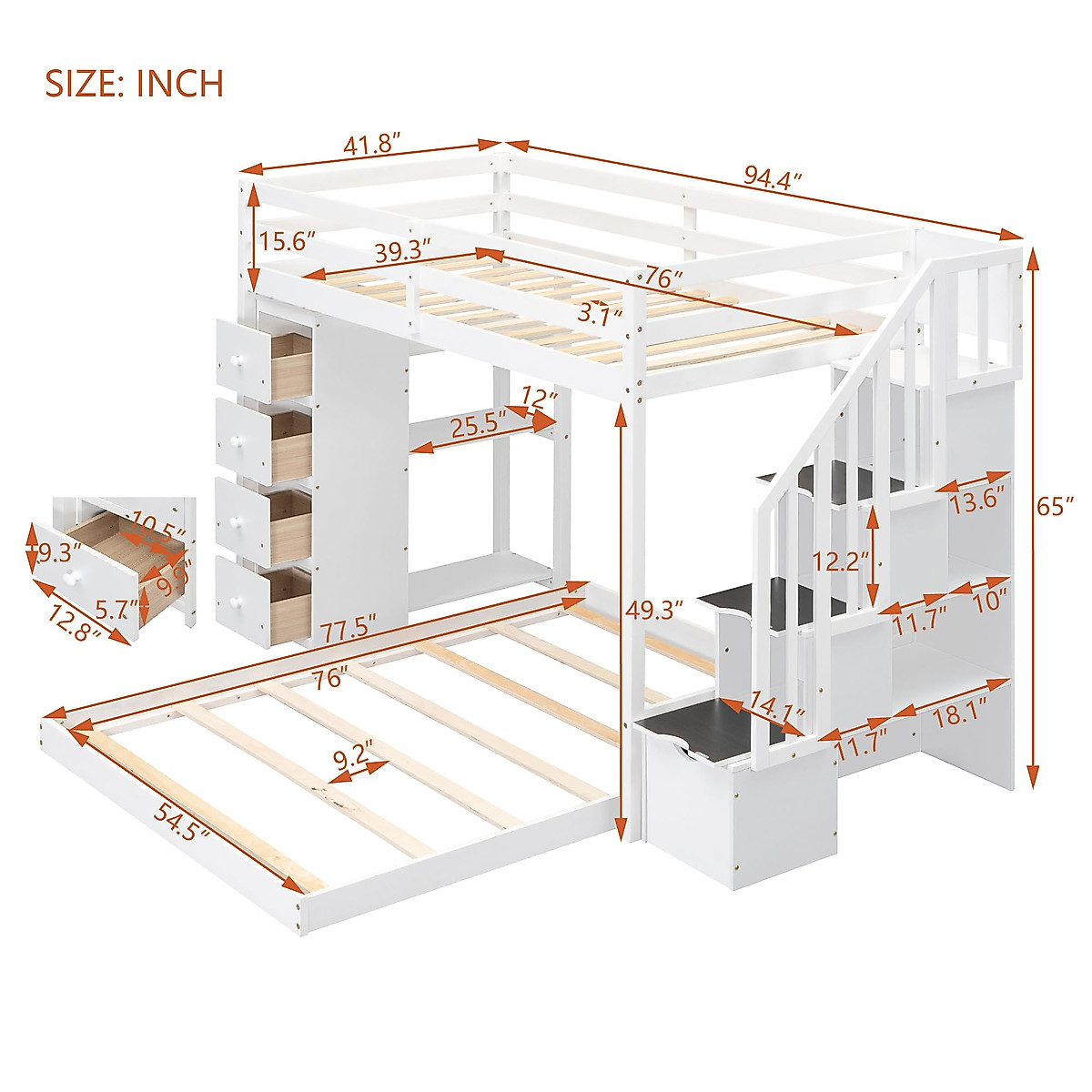 Favfurish Twin Over Full Bunk Bed with 3-Layer Shelves,Wood L-Shape High Loftbed Frame W/ 4 Drawers & Storage Stairs,No Box Spring Required,Slats Support,for Kids Teens Adults,White