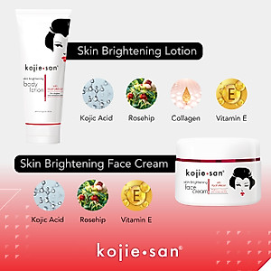 Kojie San Face & Body Complete Brightening Mini Set - 65 Gram x 2 Bars Soap, Body Lotion, Face Cream, and Facial Cleansing Brush