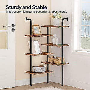 HOOBRO L-Shaped Ladder Shelf, 6-Tier Corner Bookshelf, Corner Wall Mount Bookcase, Display Shelf for Small Spaces, Anti-Tip Design, for Living Room, Balcony, Study, Rustic Brown and Black BF76CJ01
