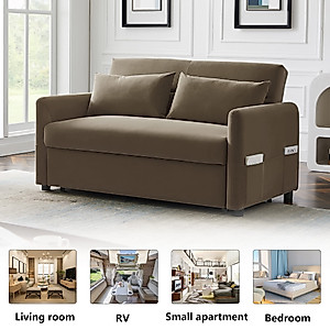HUMEHA 57" Convertible Sleeper Sofa Bed, 3 in 1 Upholstered Velvet Loveseat Sofa with Put Out Bed, Modern 2 Seats Couch with Adjustable Back, 2 Pillows Side Pocket for Living Room RV, Brown