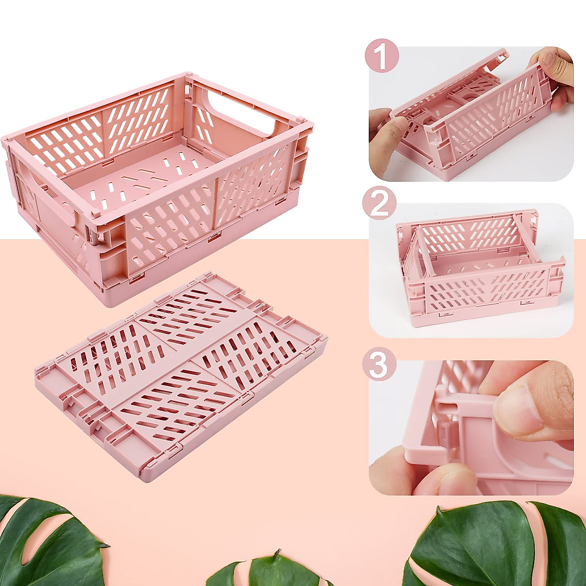 Reavor Pastel Crates, 4-Pack Mini Plastic Baskets Stackable, Small Foldable Cute Drawer Organizer for Office Desk Drawer Organizing Adorable