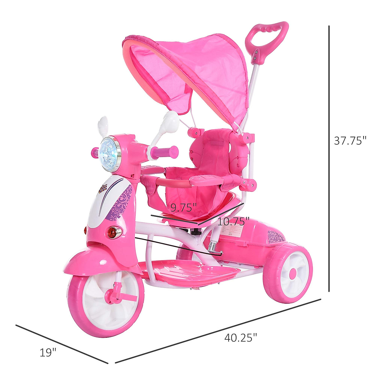 Qaba Children Ride-On Moped Tricycle with a Stylish Design & Interactive Music & Lighting Functions Pink