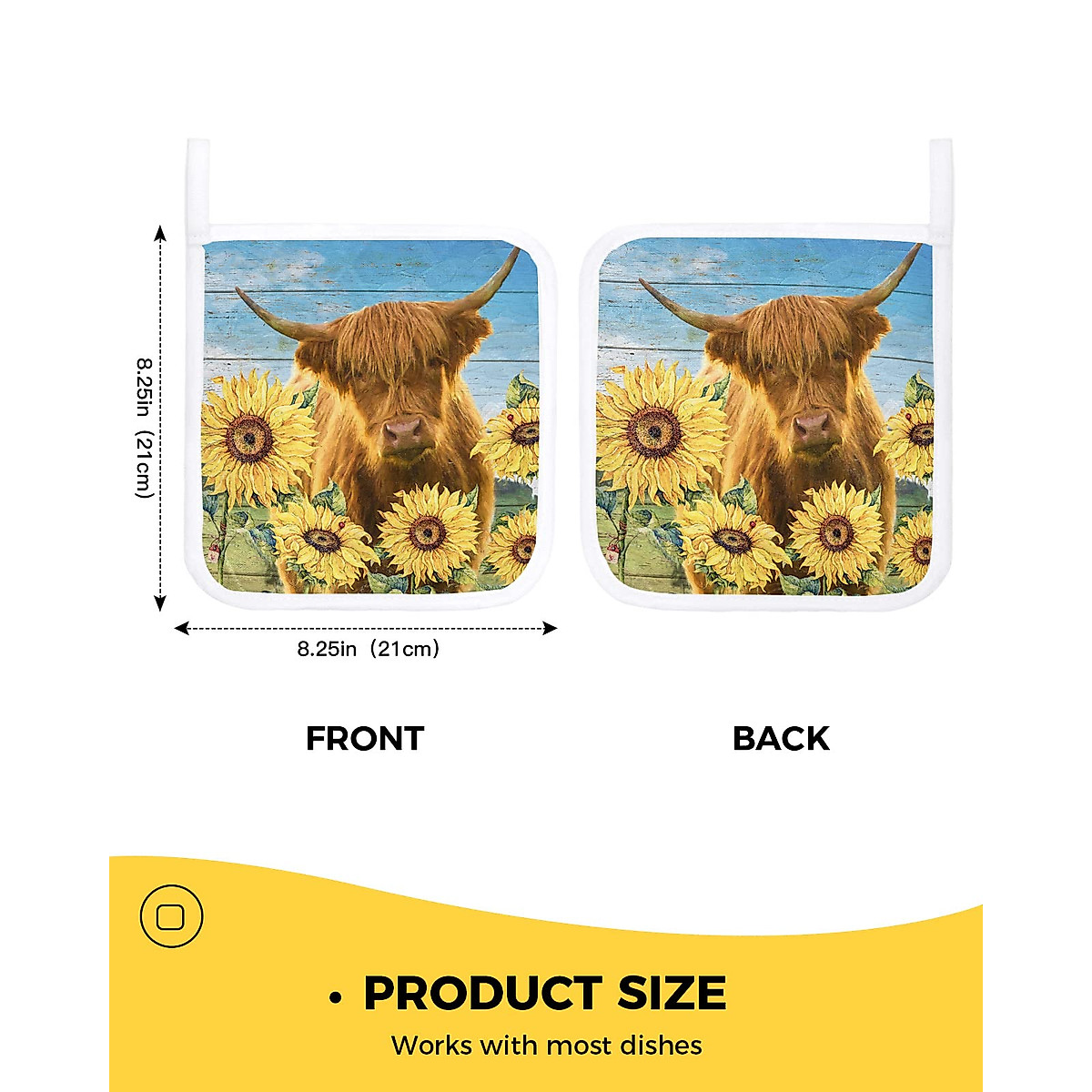 2 Pack Pot Holders for Kitchen Farm Scottish Highland Cow Yellow Sunflower Heat Proof Potholder Hot Pads Trivet,Vintage Farmhouse Wood Board Washable Coaster Potholders for Cooking Baking Grilling