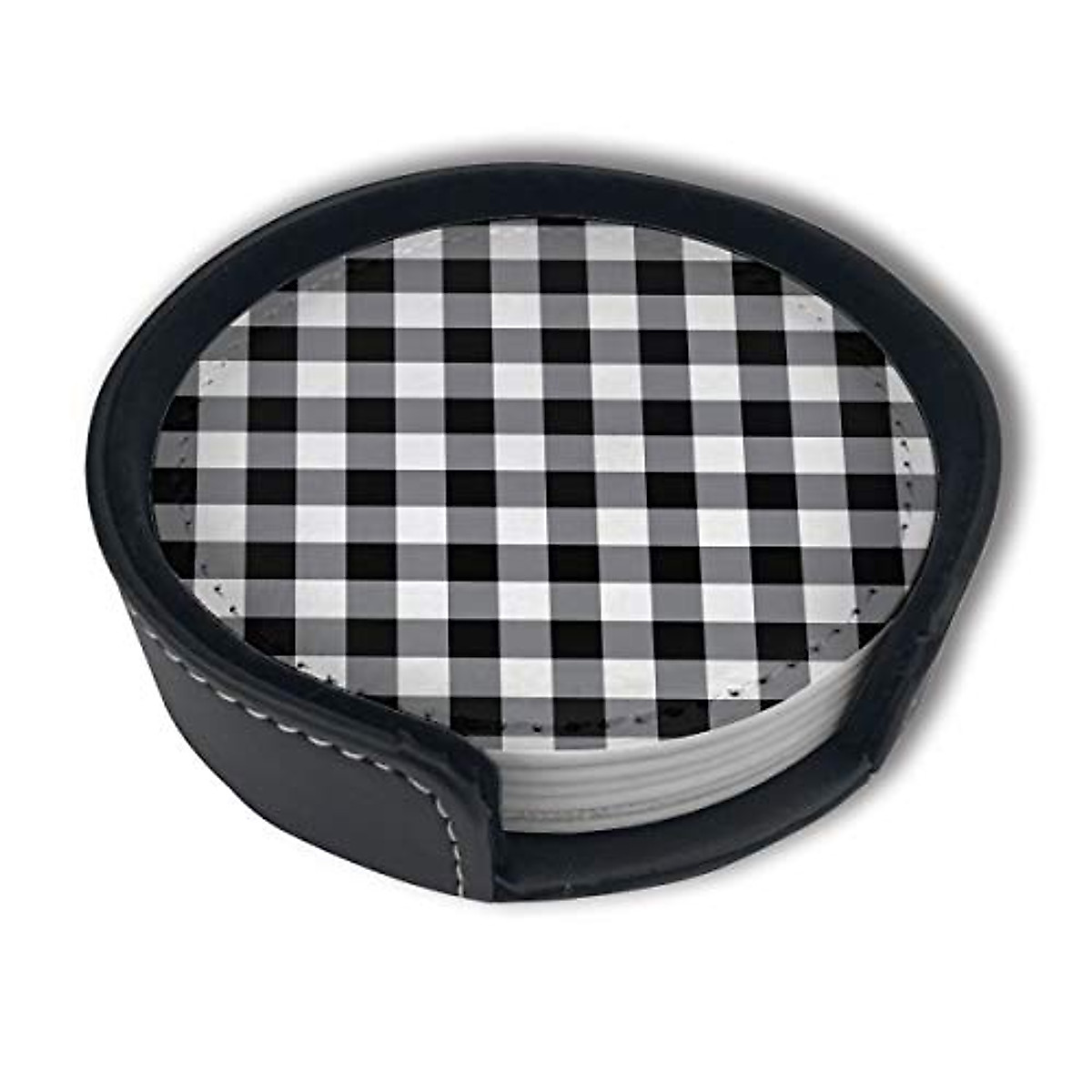FUNCOOLCY Gray and Black Buffalo Plaid Gingham Tartan Coasters for Drinks with Holder Set, Leather Coasters Set of 6, Round Cups Mugs Mat Pad for Home and Kitchen Decor