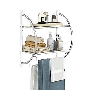 GOFLAME Wall Mounted Bathroom Shelf, 2-Tier Chrome Towel Rack with Leaky Design Shelves, Towel Bars, Chrome Bathroom Shelf for Living Room Kitchen Bathroom (1, Silver)