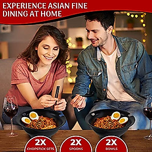 ELLISSIO Ramen Bowl Set - 2 Large Japanese Style Noodle Bowls With 2 Spoons & 2 Sets of Chopsticks For Ramen, Pho and Udon Soup - Black Melamine - Best For Authentic Asian Dining Experience At Home