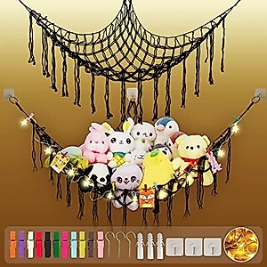 Stuffed Animal Net or Hammock with LED Light, Hanging Stuffed Animals Storage Hammock, Boho Macrame Toy Hammock Holder with Hooks, Corner Plush Toys Net Organizer for Bedroom Nursery Kids(Black)