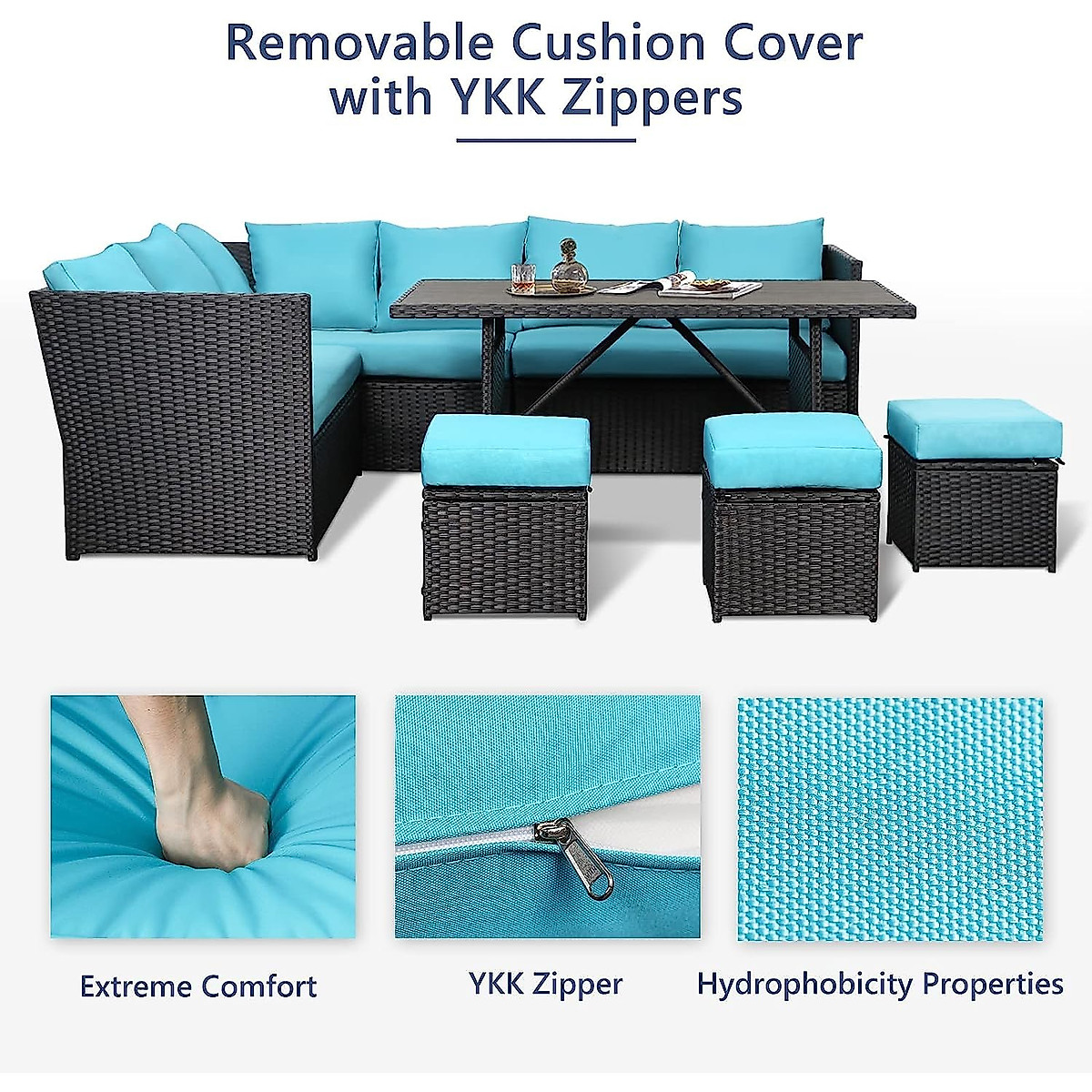 AECOJOY Patio Furniture Set, 7 Pieces Outdoor Patio Furniture with Dining Table&Chair, All Weather Wicker Conversation Set with Ottoman and Patio Set Cover, Blue