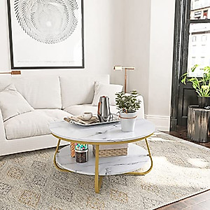 Elephance Modern Round Coffee Table with Storage, 35.4 Inch Faux Marble Coffee Table with Strong Metal Gold Frame for Living Room, Dining Room