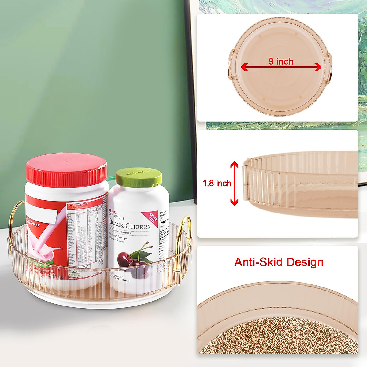 GTI Lazy Susan Organizer, 360 °Rotating Removable Lazy Susan with Handles, Lazy Susan Turntable for Cabinet, Table, Pantry, Kitchen, Countertop, Bathroom, Gold (1 Tier)