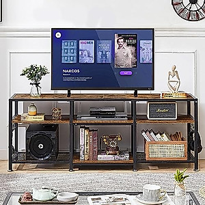 VECELO TV Stand for Televisions up to 75 Inch, Industrial Entertainment Center with 3-Tier Open Storage Shelves& Hooks for Living, Bedroom and Gaming Room, 70 Inch, Brown