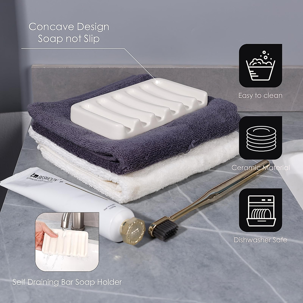 Soap Dish, Ceramic Self Draining Soap Holder, Beige Bar Soap Holder for Shower, Soap Dishes for Bathroom, Easy to Clean Keeps Soap Dry, ANTIS'S HOME