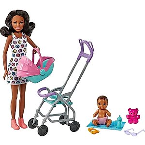 Barbie Skipper Babysitters Inc Playset with Brunette Doll, Stroller, Baby Doll & 5 Accessories, Remove Stroller Seat for Carrier