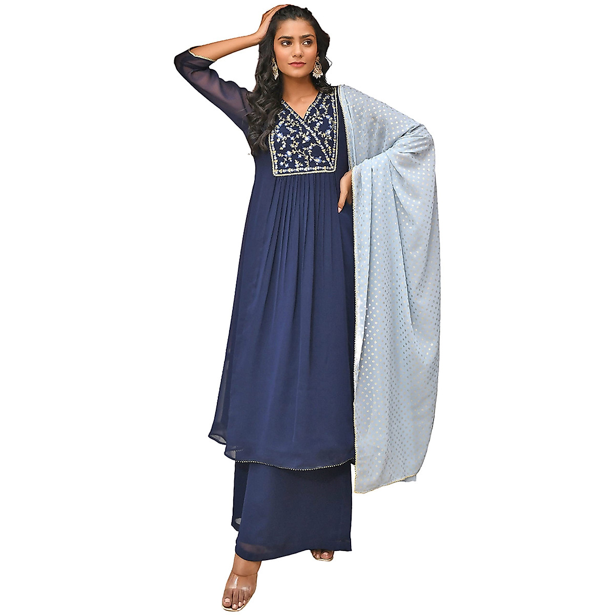 Janasya Indian Women's Navy Blue Georgette Embroidered Kurta with Flared Palazzo and Dupatta