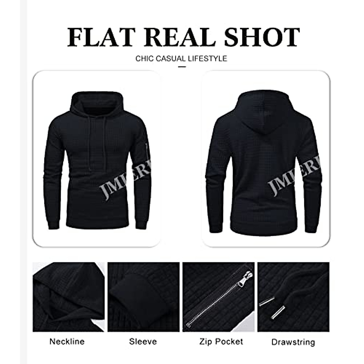 JMIERR Mens Waffle Hoodie Long Sleeve Drawstring Plaid Jacquard Hooded Zip Pockets Sweatshirt, US 46(XL), Blue