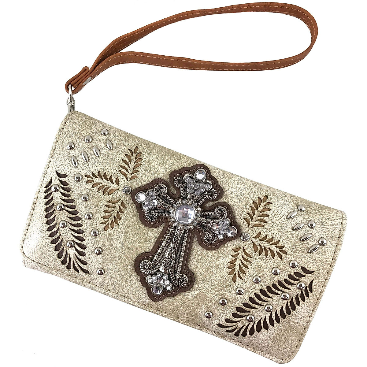Zelris Fall Fern Leaf Western Cross Women Conceal Carry Handbag Wallet Set (Beige)