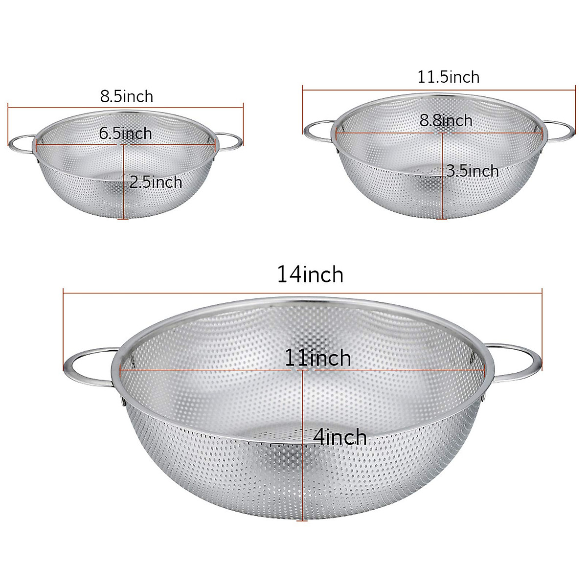 P&P CHEF Colander Set of 3, Stainless Steel Micro-Perforated Colanders Strainers for Draining Rinsing Washing, Ideal for Pasta Vegetables Fruits, Heavy Duty & Dishwasher Safe - 1/3/5 Quart