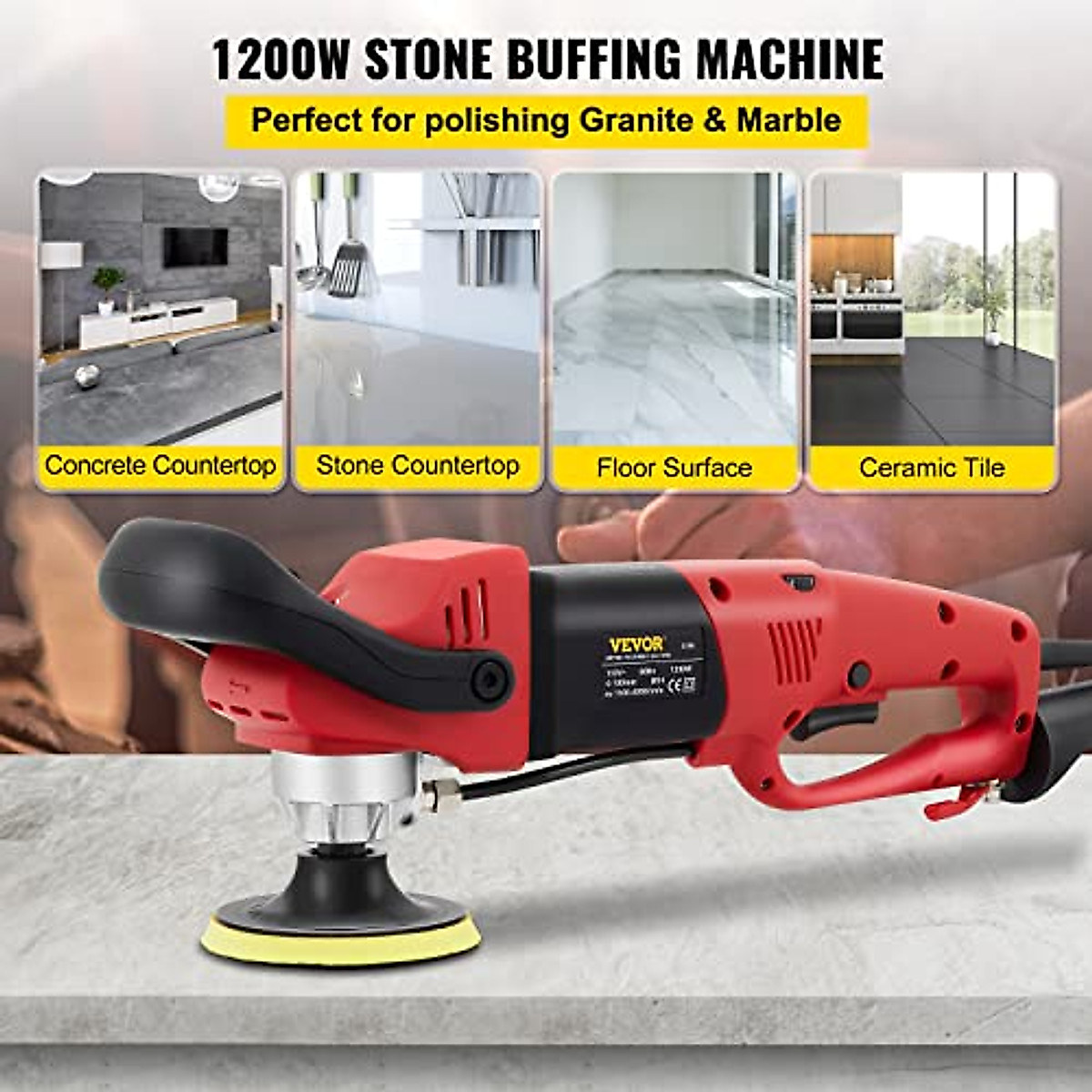 VEVOR Wet Polisher Grinder, Variable Speed 8 pcs Polishing Kit, with 4" & 5" Diamond Pads, Buffing Machine w 59" Pipe Adapter & Splash Shield, Concrete Stone Tool for Granite/Marble Countertop CE