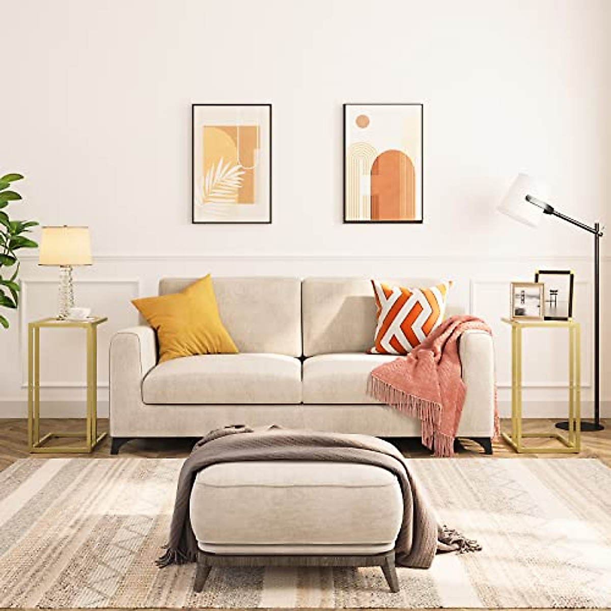 HOOBRO C Shaped End Table Set of 2, Tempered Glass Snack Side Table with Metal Frame, TV Tray Table for Small Space, Sofa Couch and Bed, Modern Style, Gold GD03SFP201