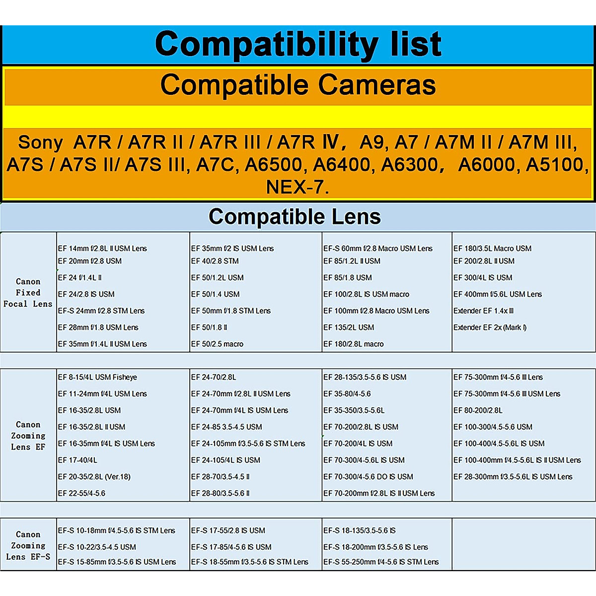 Lens Mount Adapter for Canon EF/EF-S Lens to Sony E Mount Mirrorless Cameras A9 A7R4 A7R3 A7R2 A7M3 A7M2 A7R A7S2 A7S A7…