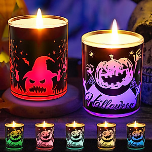 ElectricWise 2Pack Halloween Scented Ghost Candles with 7 Color Light Changes, Spooky Candle Halloween Decorations Indoor Scary, Fall Scented Candles Perfect Halloween Candle Holder for Festival Scene