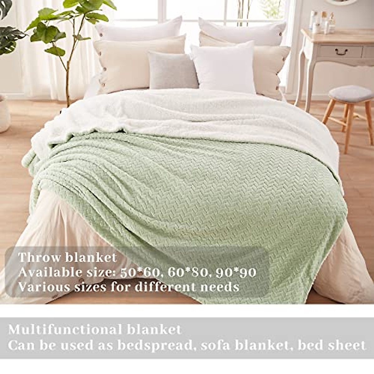 SunStyle Home Sherpa Fleece Blanket Full Sage Green Soft Cozy Plush Fluffy Flannel Thick Blanket Leaf Jacquard Luxury Winter Warm Reversible Blankets for Couch, Sofa, Bed 60X80