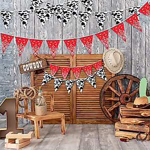 Ctosree 5 Pack 49 Ft Cow Print Bandana Pennant Banners Cow Bunting Banner Western Cowboy Baby Shower Birthday Party Supplies Red White Black Flag for Wild West Farm Theme Party Decor, 7.5 x 10.8 Inch